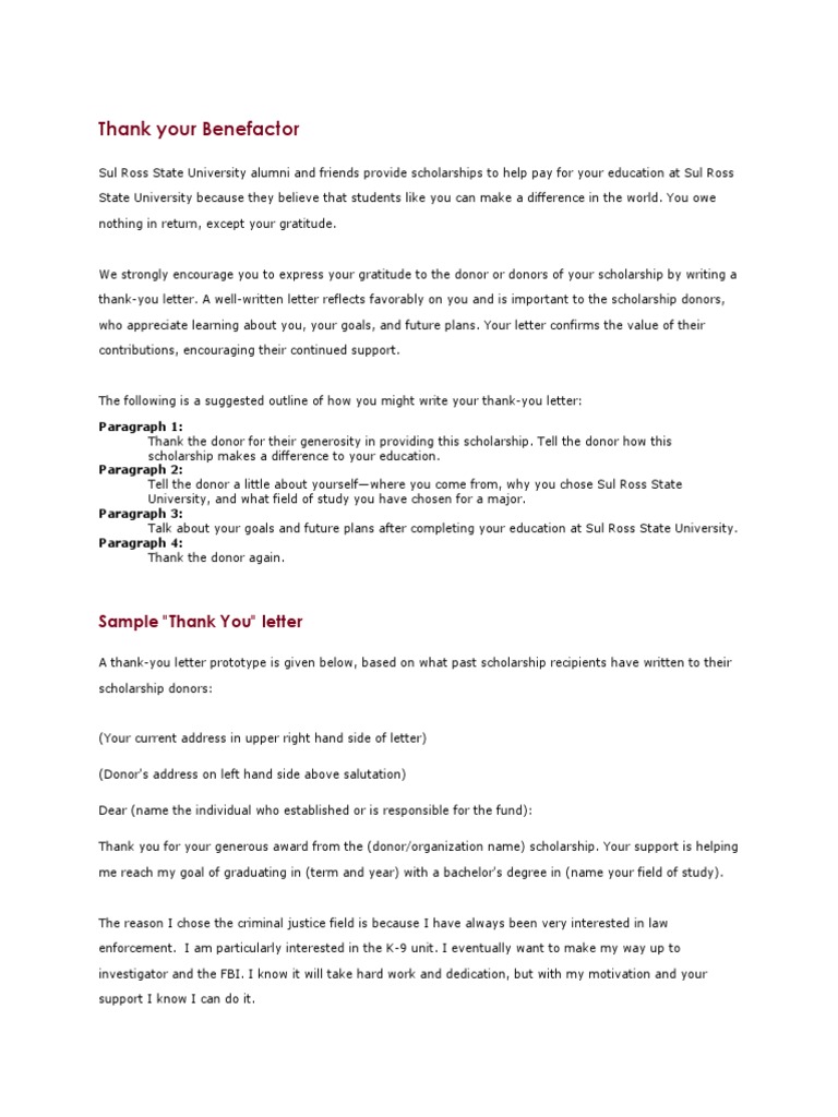 Thank Your Benefactor: Sample "Thank You" Letter | PDF | Gratitude ...