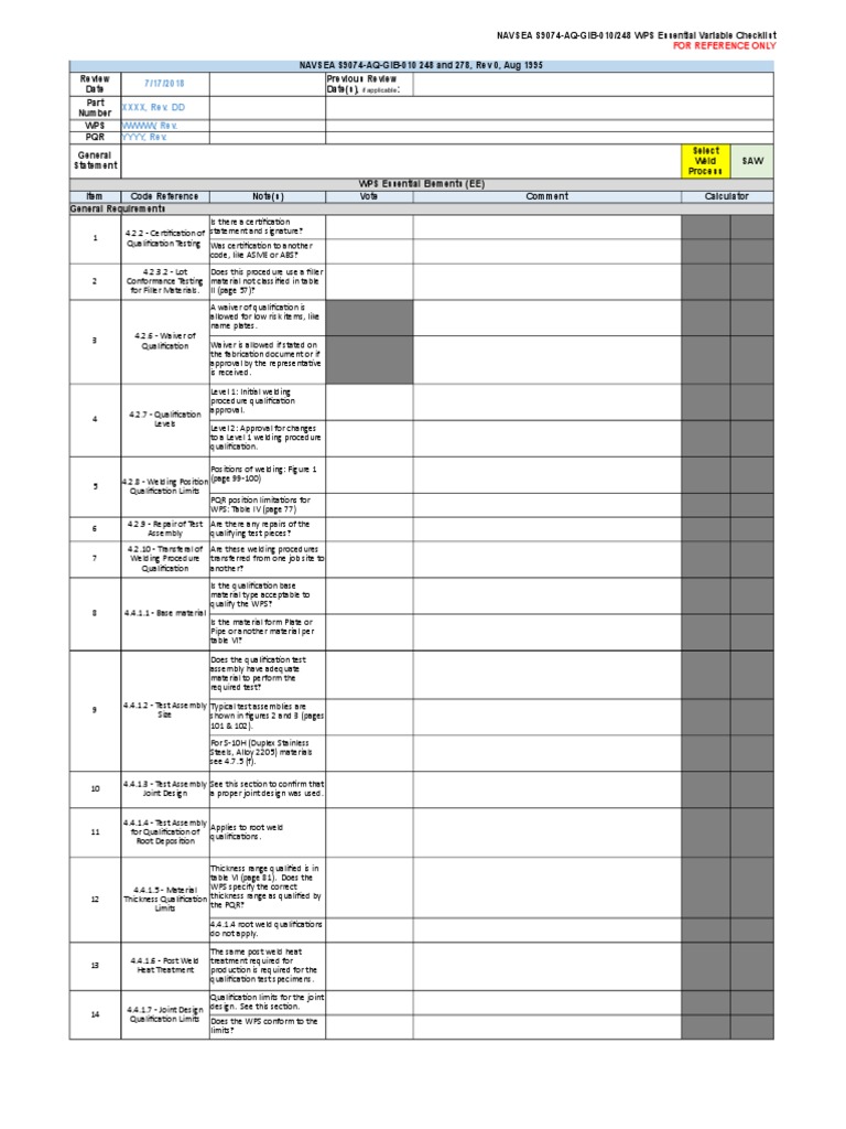 Supplier Template - Rev A - NAVSEA Tech Pub 248 WPS Essential Variable Checklist | Download Free ...