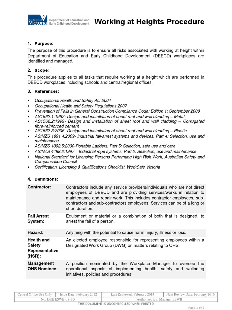 Working at Heights Procedure: 1. Purpose | PDF | Occupational Safety ...