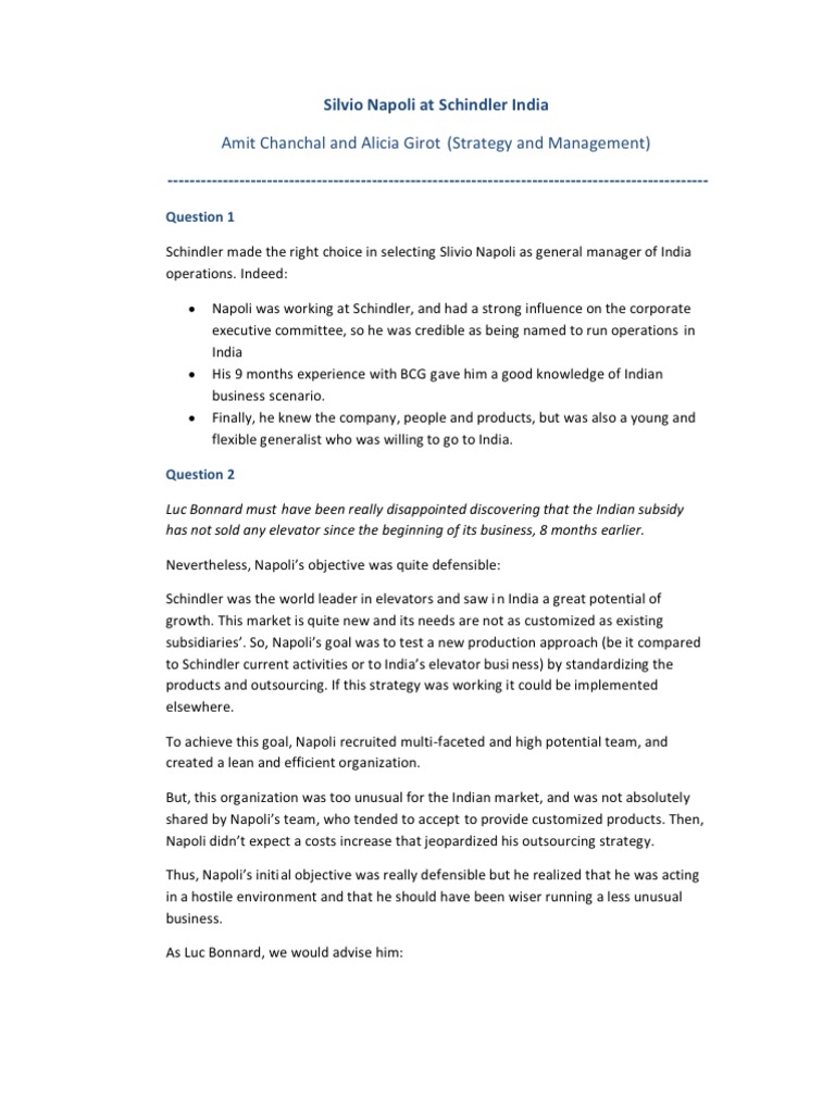 Silvio Napoli at Schindler India | PDF | Outsourcing | Market (Economics)