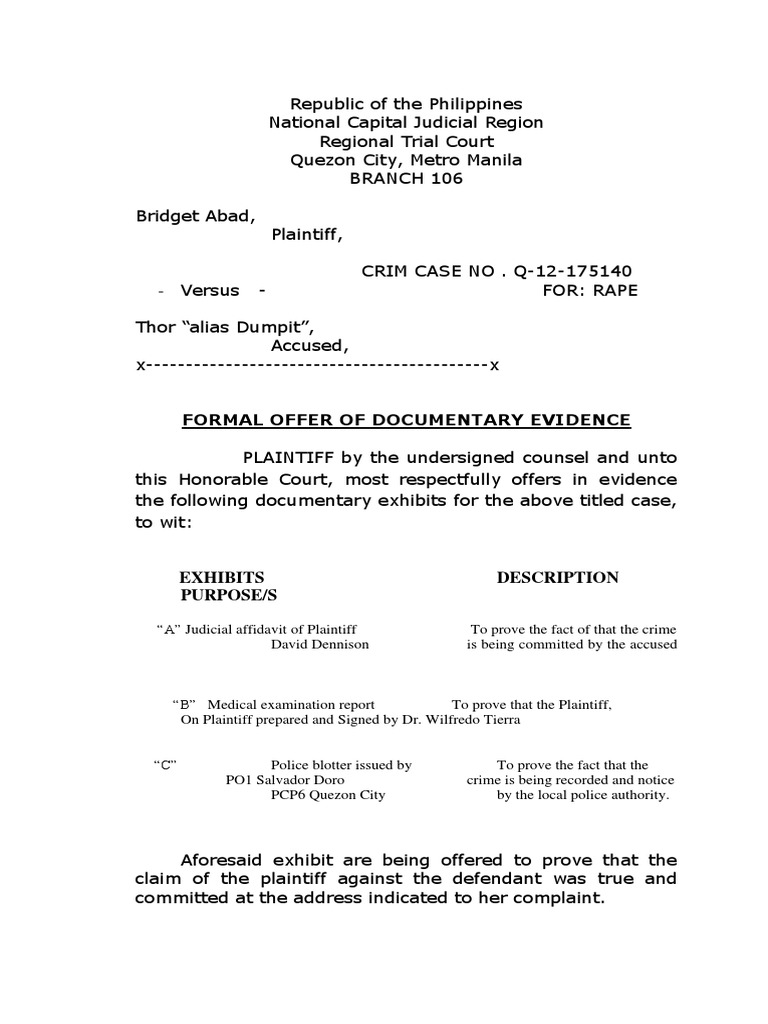 Formal Offer of Exhibit | PDF | Plaintiff | Legal Procedure