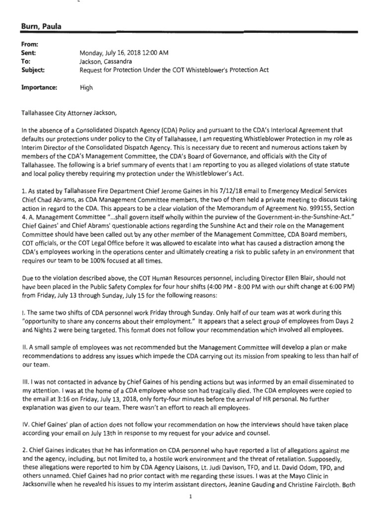 CDA Interim Director Tim Mahler's whistle-blower letter | Whistleblower ...