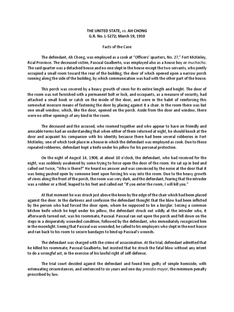 US VS., Ah Chong - Case Digest | PDF | Intention (Criminal Law) | Crime ...