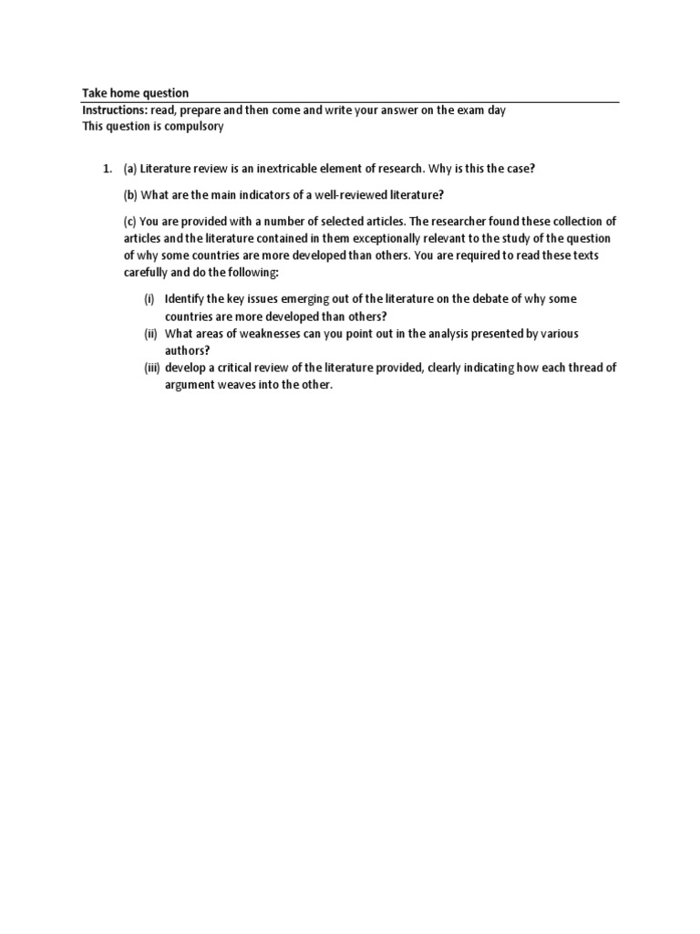 Take Home Question Instructions: Read, Prepare and Then Come and Write ...