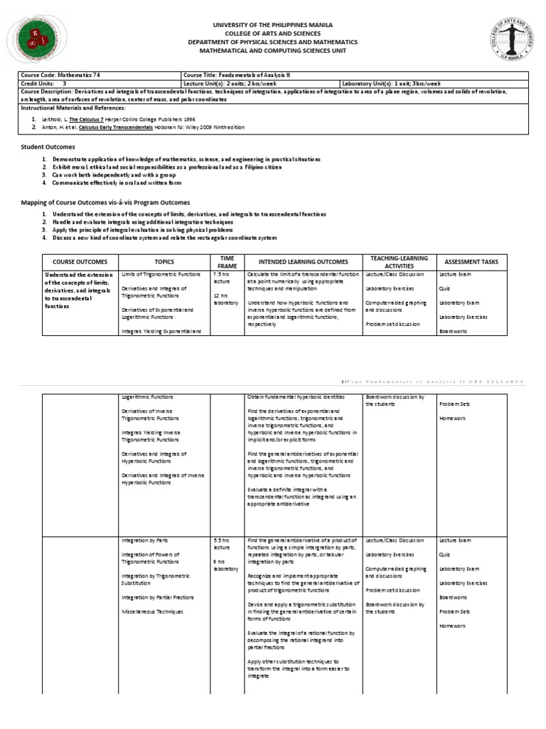Math 74 Syllabus Details | PDF | Integral | Function (Mathematics)