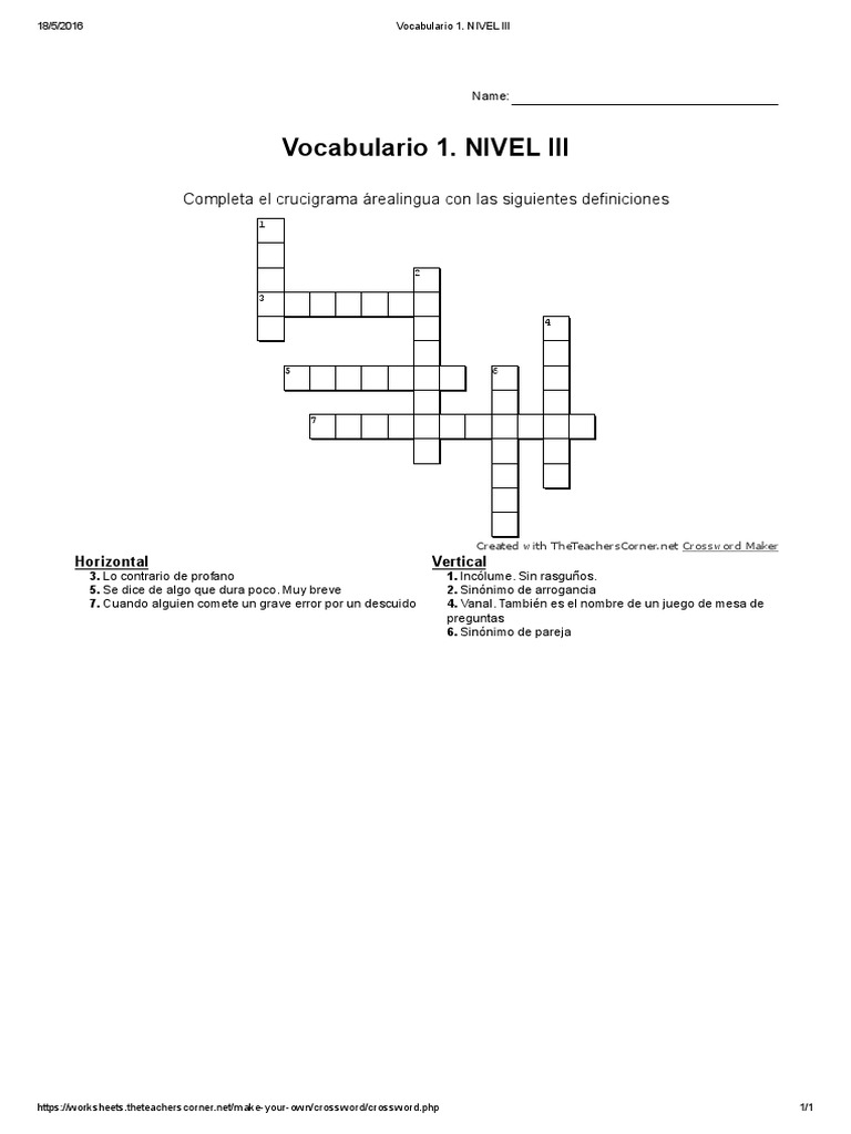 Crucigrama de Vocabulario Básico1.Nivel 3