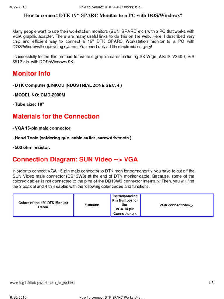 How To Connect DTK SPARC Workstation's Monitor To PCs | PDF ...