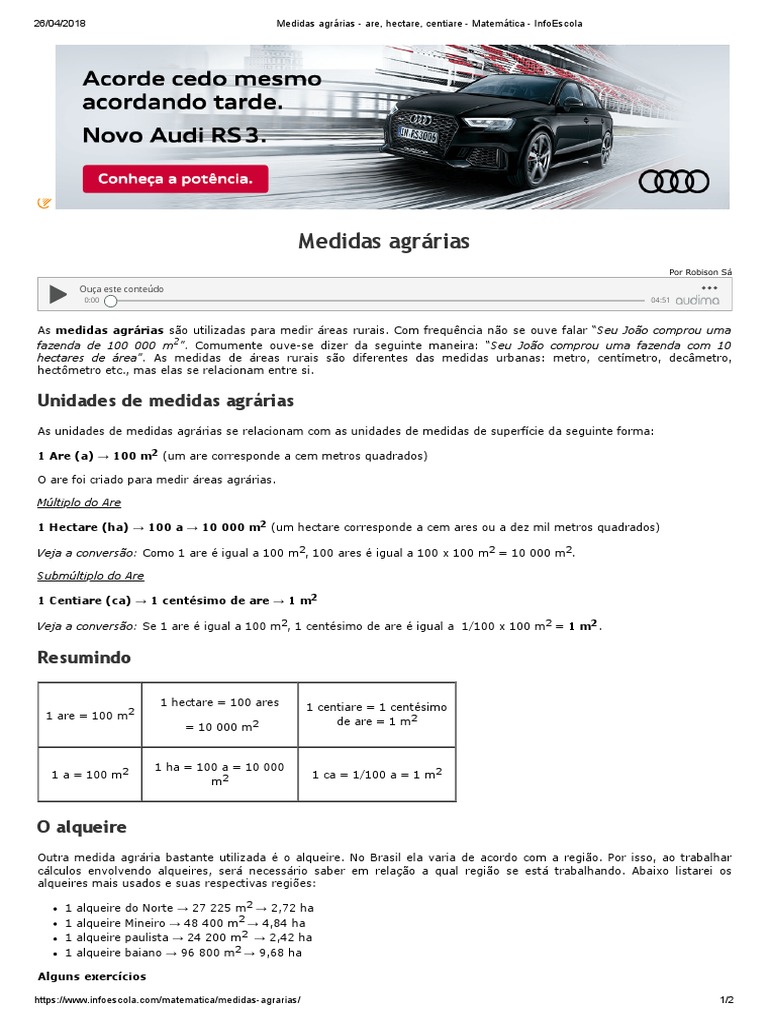 Medidas Agrárias - Are, Hectare, Centiare, ALQUEIRE - Matemática ...