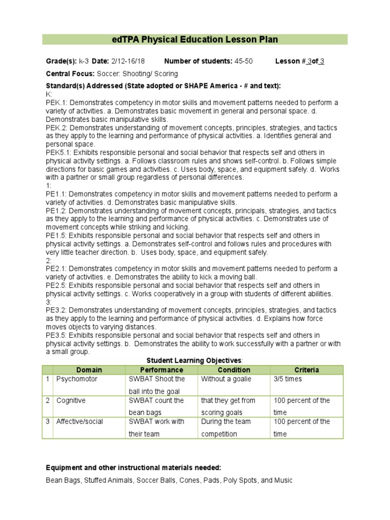 Edtpa Physical Education Lesson Plan | PDF | Goal | Neuropsychology