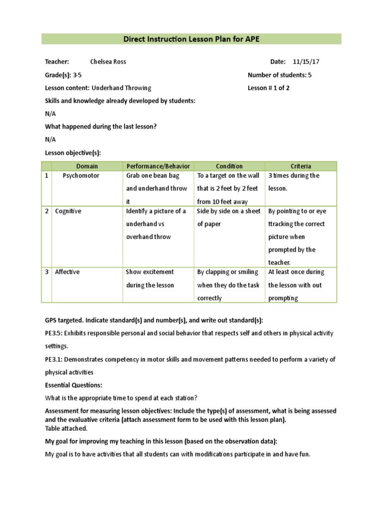 Direct Instruction Lesson Plan For APE | PDF | Educational Assessment ...