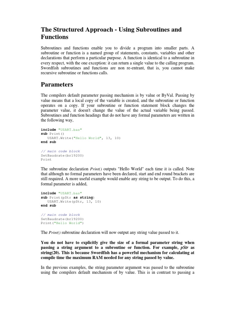The Structured Approach - Using Subroutines and Functions: Include Sub Print End Sub | PDF ...