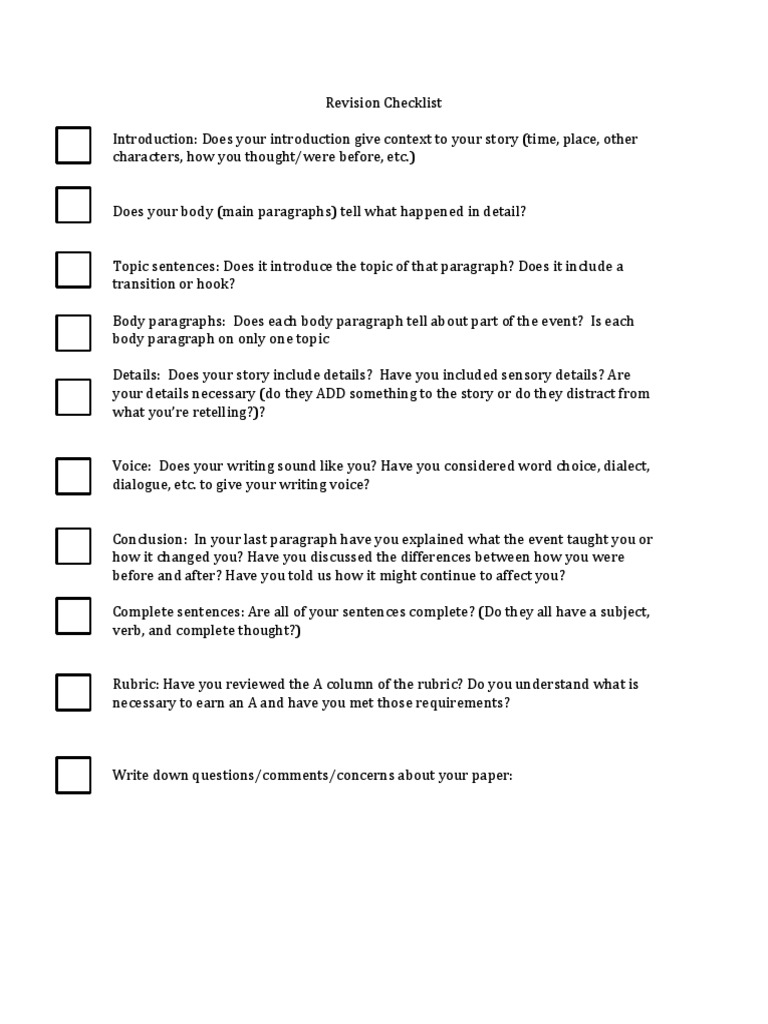 Revision Checklist Phase Autobiography | PDF | Paragraph | Writing