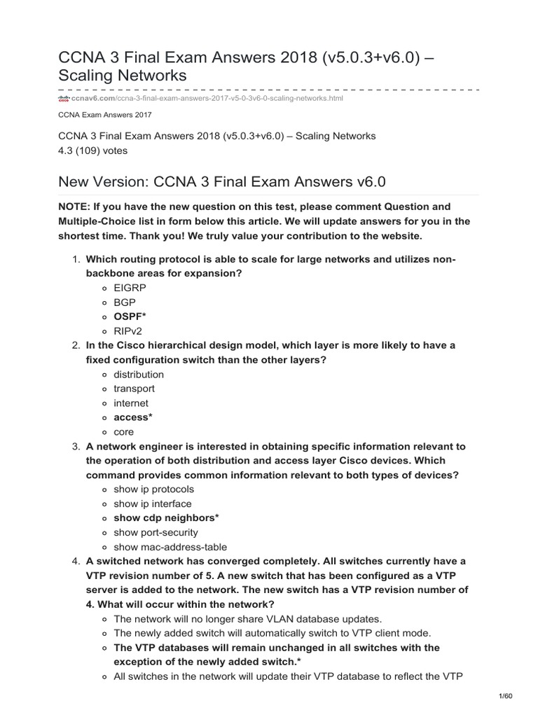 CCNA 3 Final Exam Answers 2018 v503v60 Scaling Networks | PDF | Routing | Network Switch