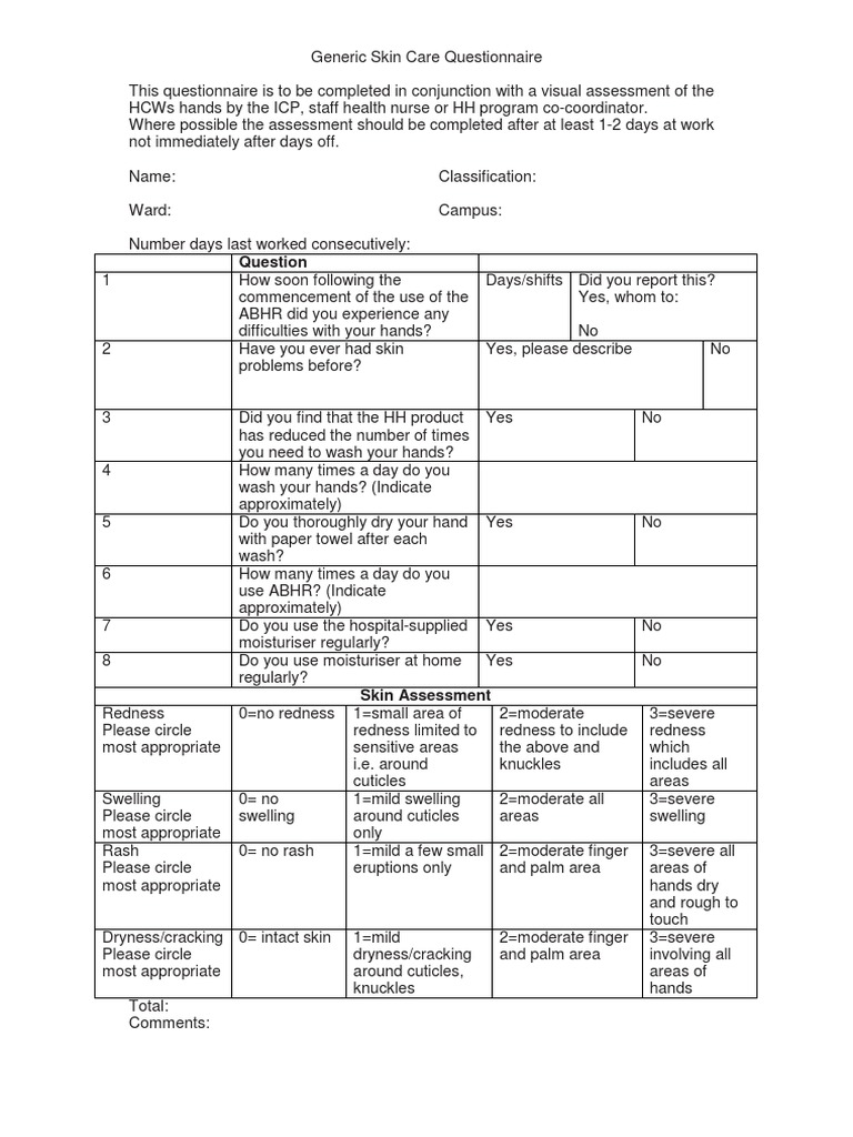 Generic Skin Care Questionnaire for HCWs | PDF | Clinical Medicine ...
