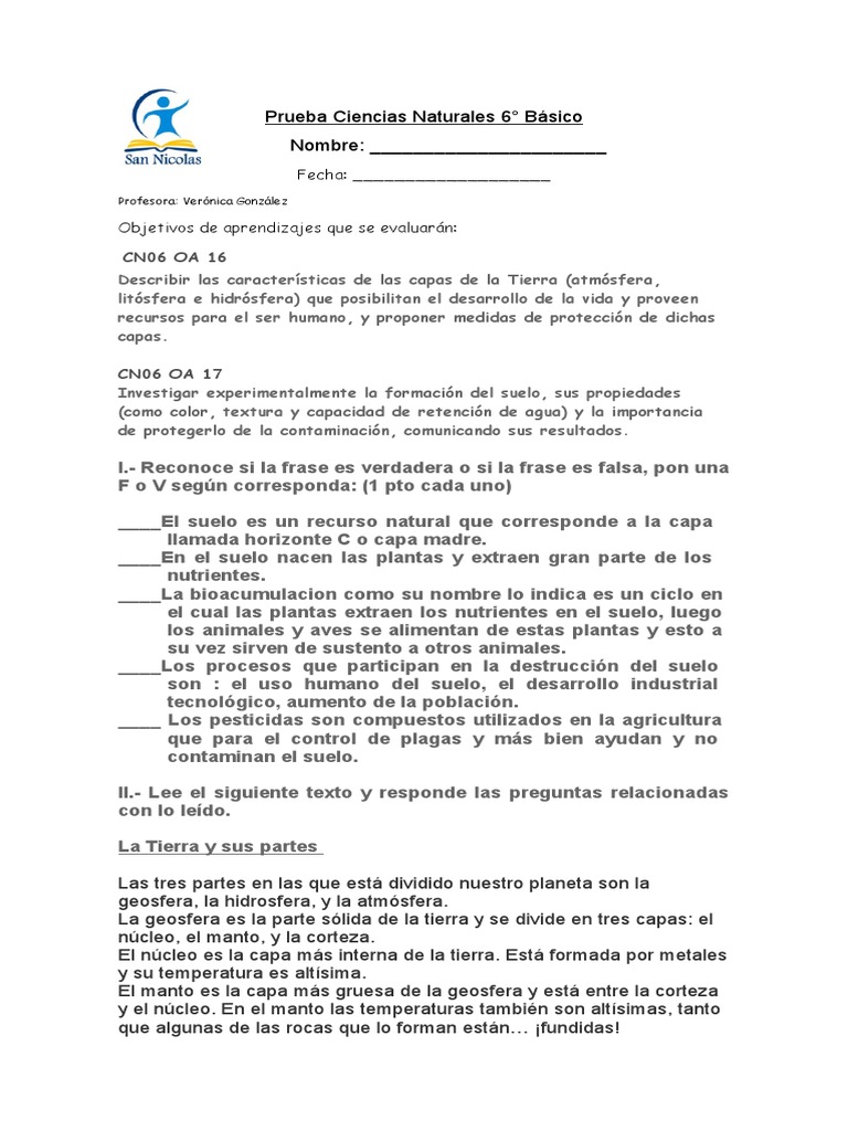 Prueba Ciencias Naturales Suelos y Capas de La Tierra | PDF | Tierra ...