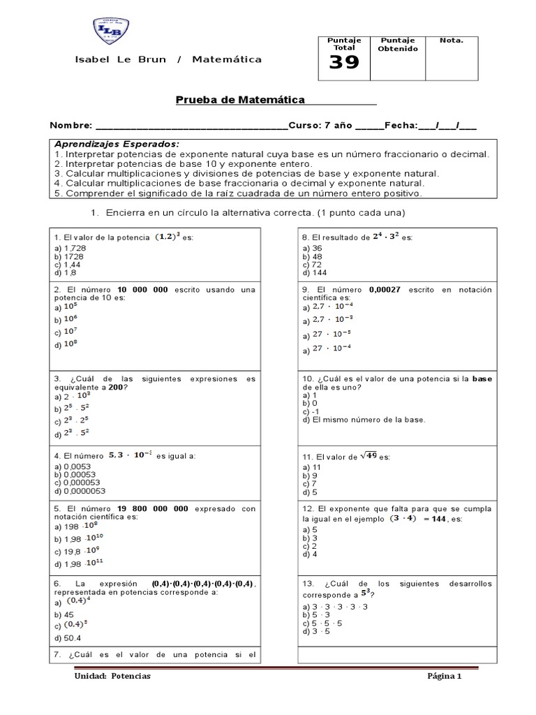 Prueba Unidad Potencias 7° | PDF | Exponenciación | Decimal