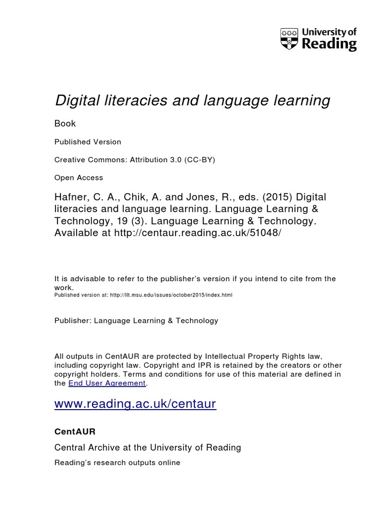 Digital Literacies and Language Learning: WWW - Reading.ac - Uk/centaur ...
