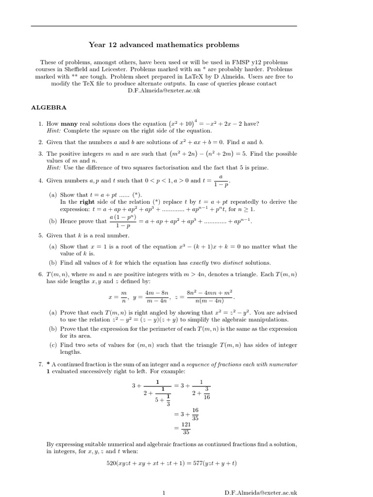 Year 12 Advanced Mathematics Problems | PDF | Trigonometric Functions ...