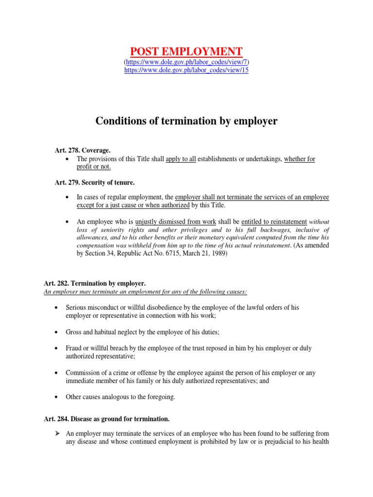 Conditions of Termination by Employer: Post Employment | PDF ...