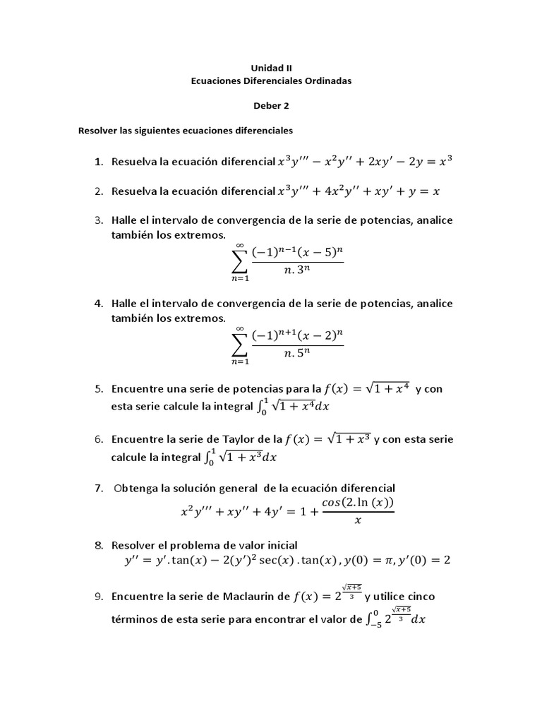 Deber 2 - Unidad II - EDO PDF | PDF | Ecuaciones diferenciales | Ecuaciones