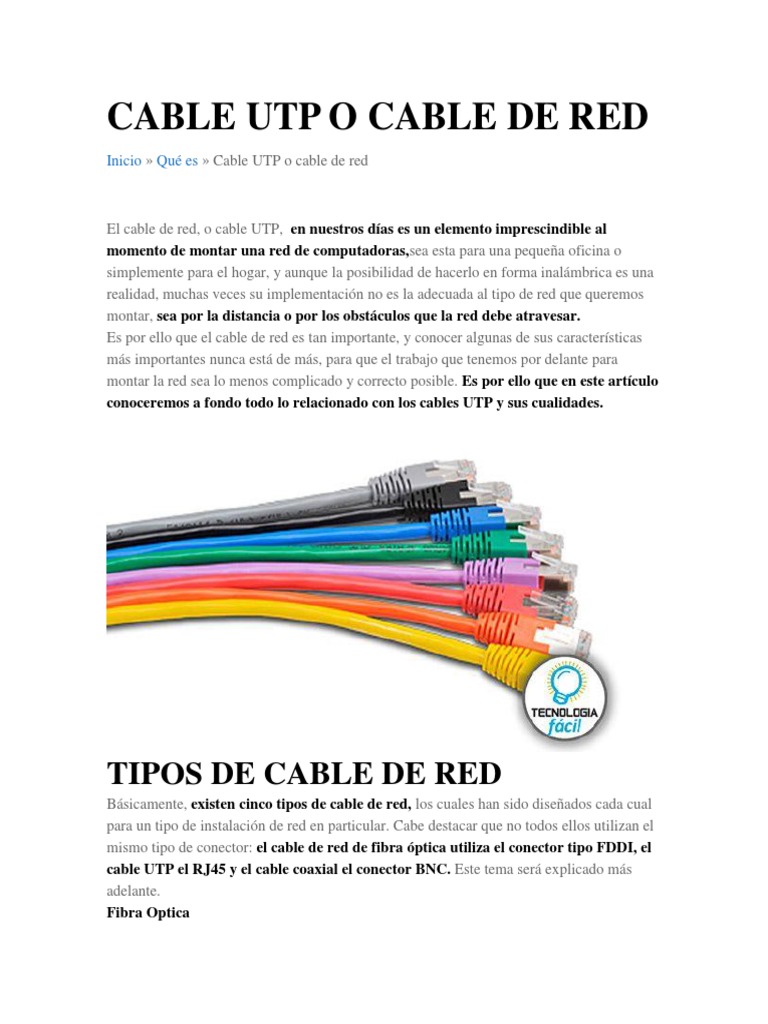 Tipos y Usos del Cable UTP en Redes | PDF | Cable coaxial | Red de ...