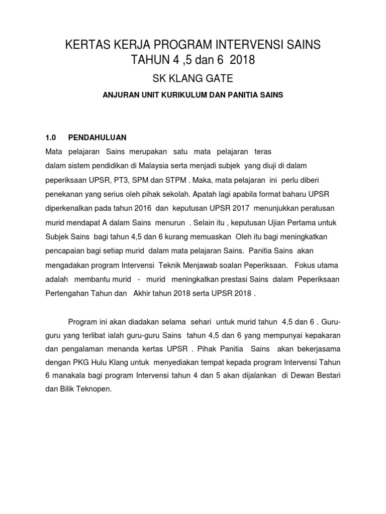 Kertas Kerja Program Intervensi 2018 | PDF