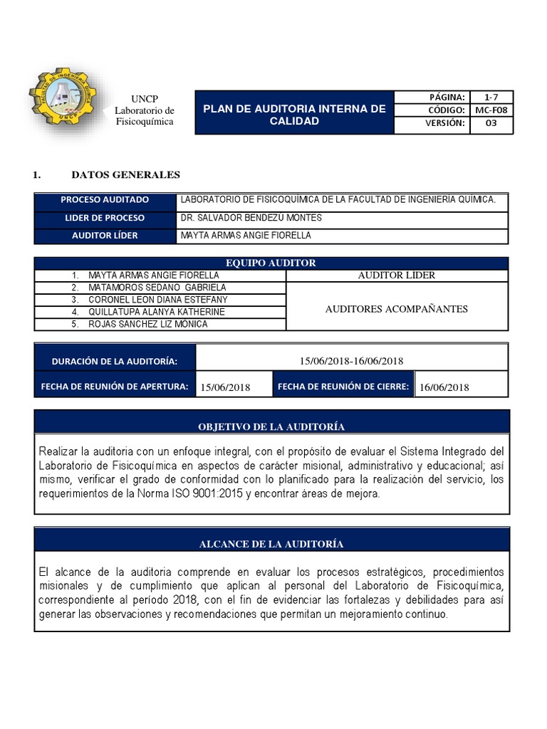 Plan de Auditoria Interna de Calidad | PDF | Auditoría | Laboratorios