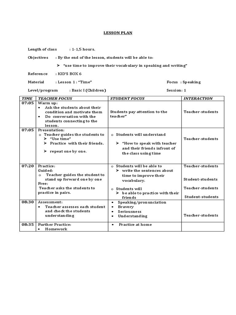 Lesson Plan Monday-Thursday Basic 1 Children | PDF | Lesson Plan | Homework