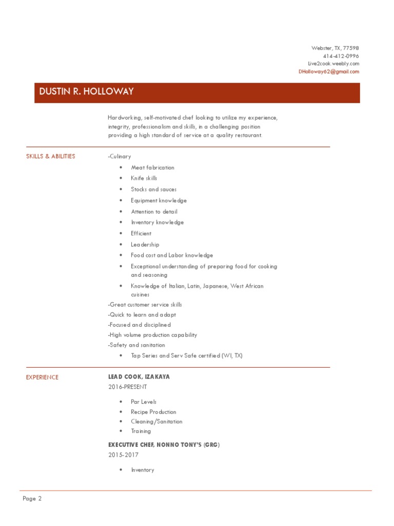 Dustin Resume 2018 Updated | PDF | Chef | Recipe
