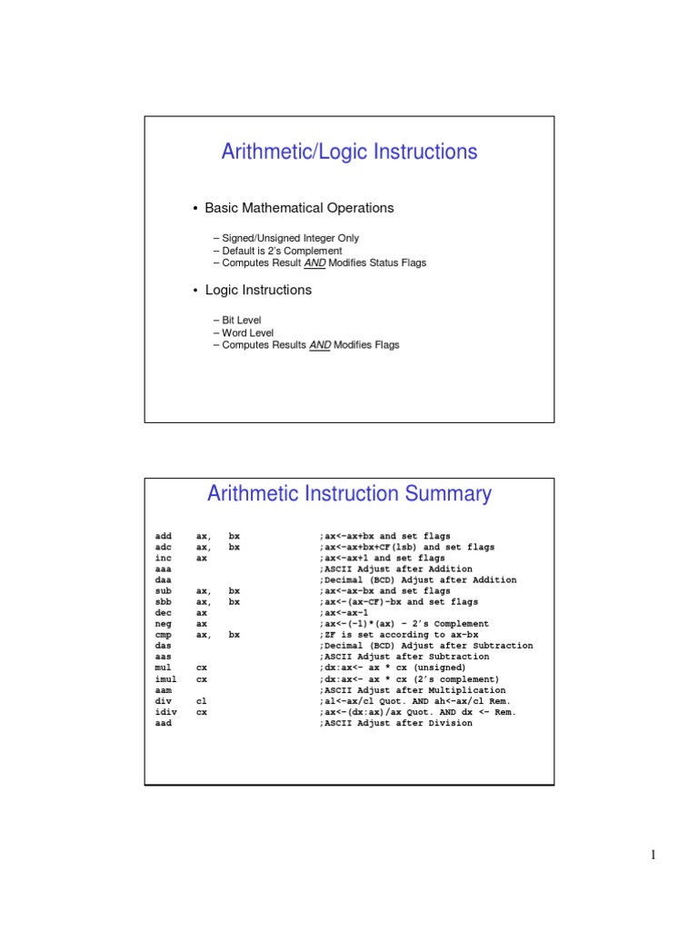 Arithmeticlogic Instructions Basic Mathematical Operations Pdf