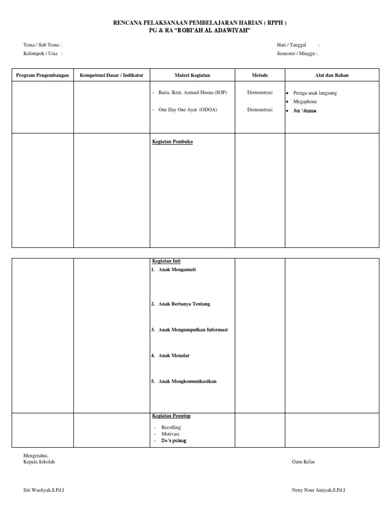 Contoh RPPH Paud | PDF