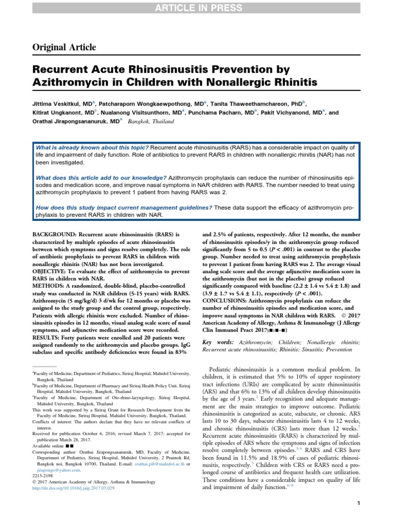 Recurrent Acute Rhinosinusitis Prevention by Azithromycin in Children ...