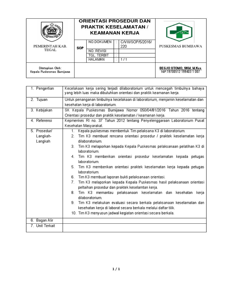 SOP Orientasi Prosedur Dan Praktek K3 | PDF