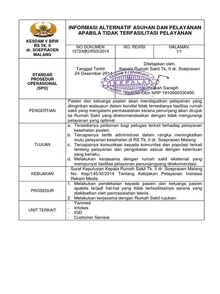 Spo Informasi Alternatif Dan Pelayanan Apabila Tidak Terfasilitasi | PDF