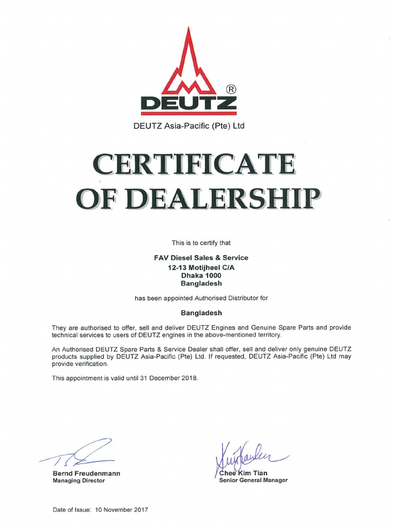 Certificate of Dealership - FAV | PDF