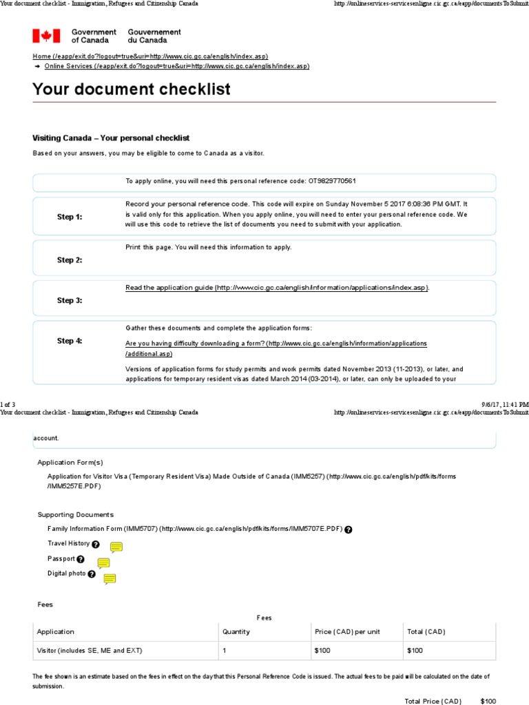 Document Checklist for Canadian Visitor Visa Application Provides ...