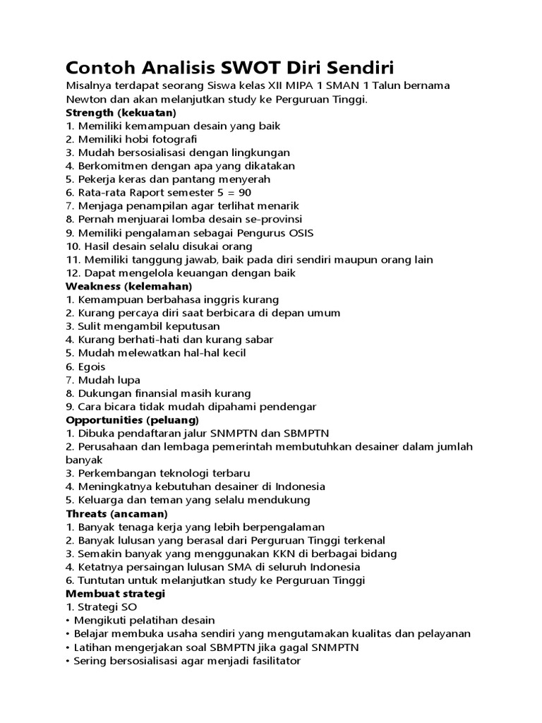 Contoh Analisis SWOT Diri Sendiri Contoh Analisis SWOT Diri Sendiri