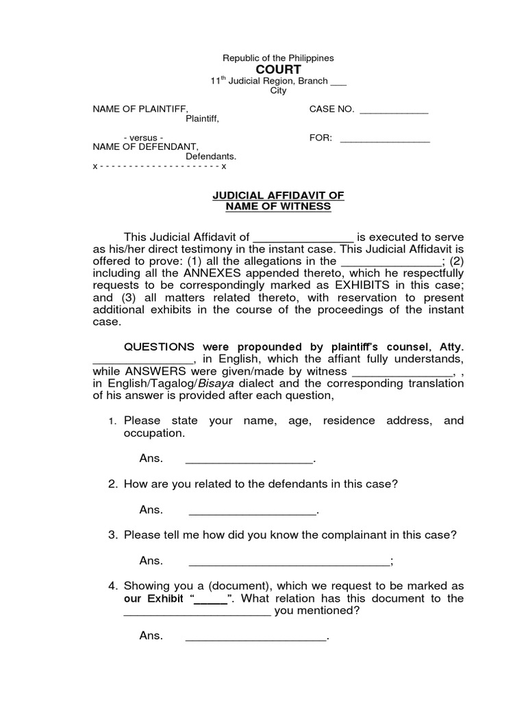 Witness Judicial Affidavit Sample | PDF | Affidavit | Witness