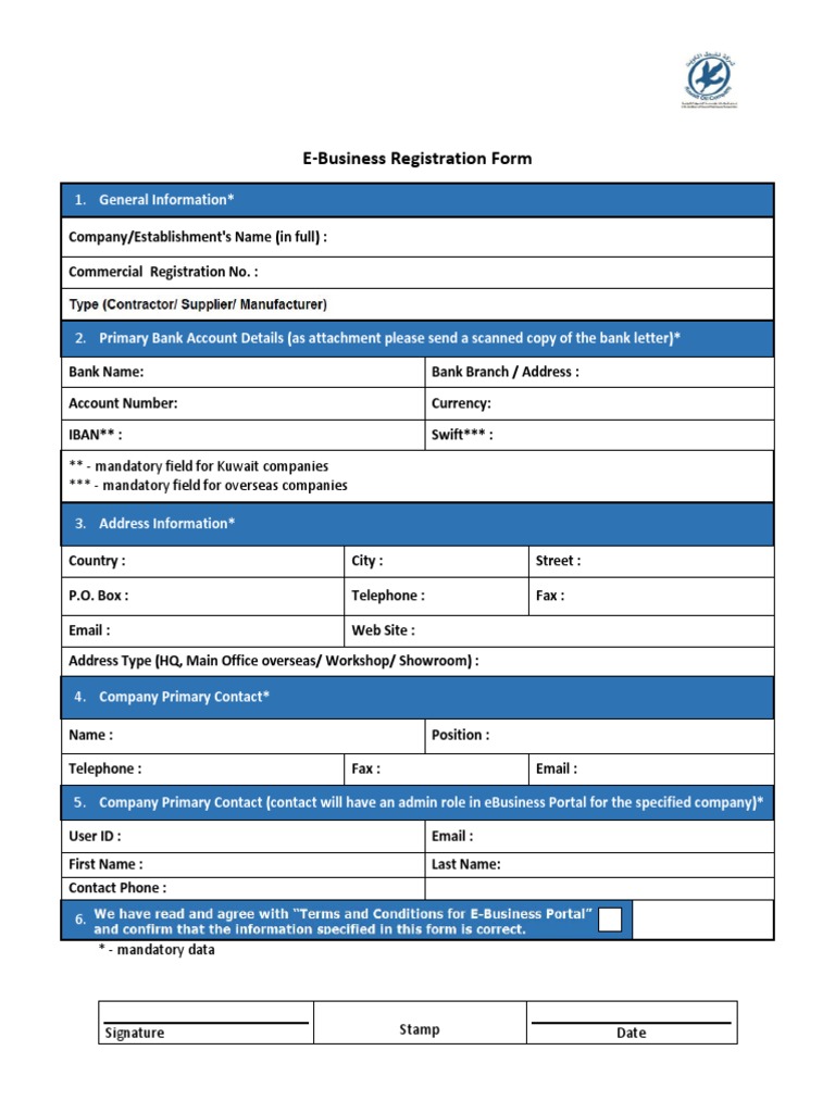 E-Business Registration Form: - Mandatory Field For Kuwait Companies ...