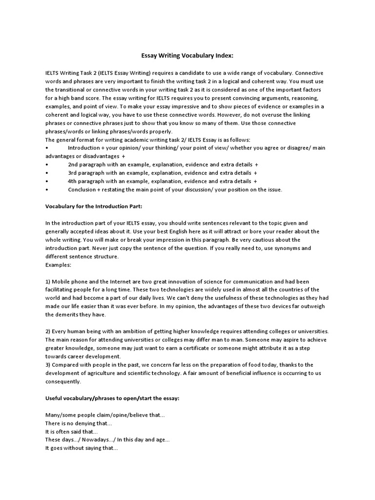 Essay Writing Vocabulary Index | PDF | Essays | Reason