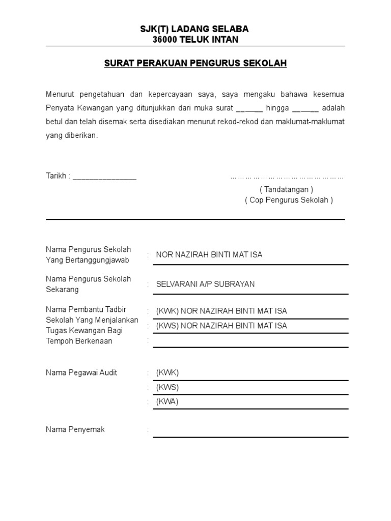 Contoh - Surat Perakuan Pengurus Sekolah SELABA | PDF