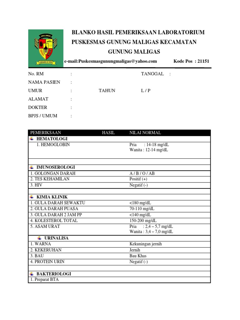 Blanko Permintaan Pemeriksaan Laboratorium Puskesmas Gunung Maligas ...