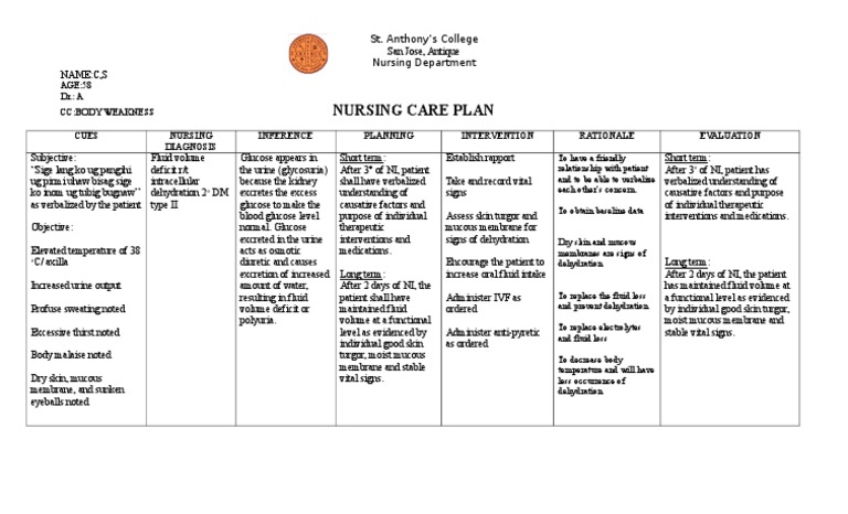 St. Anthony's College Nursing Student's Nursing Care Plan for a ...