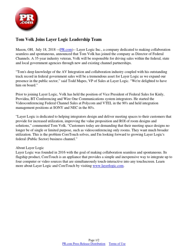 Tom Volk Joins Layer Logic Leadership Team | PDF | Videotelephony ...