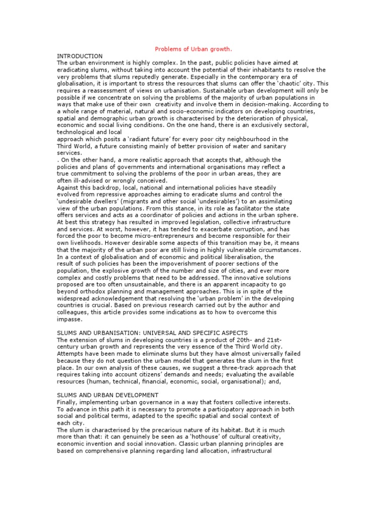 Problems of Urban Growth | PDF | Slum | City