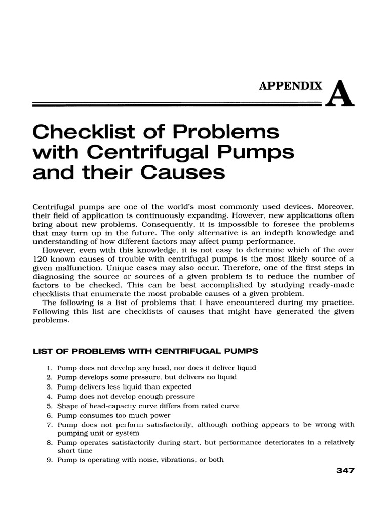 Centrifugal Pump Problems Checklists | PDF | Pump | Bearing (Mechanical)