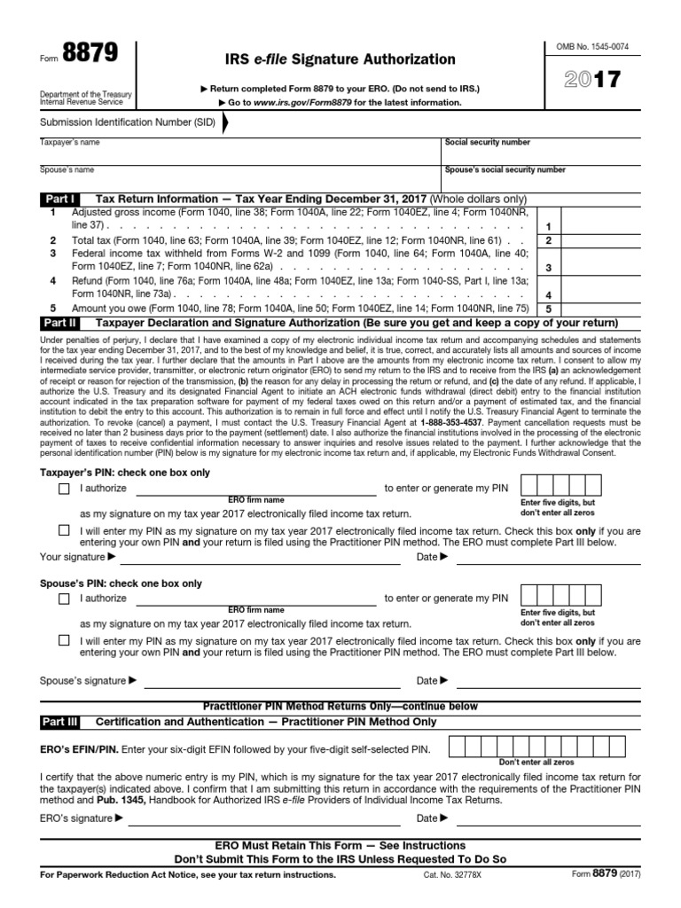 Editable IRS Form 8879 For 2017-2018 | PDF | Irs Tax Forms | Internal ...