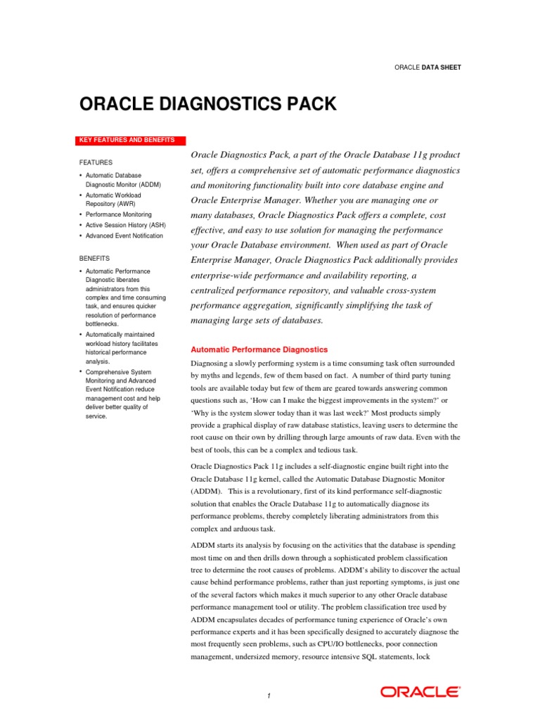 Diagnostic Pack 11g Datasheet | PDF | Oracle Database | Databases