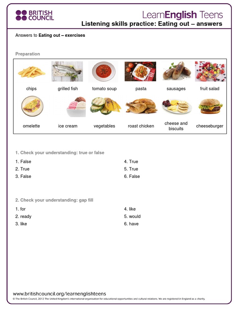 Listening Skills Practice: Eating Out - Answers: - Exercises | PDF