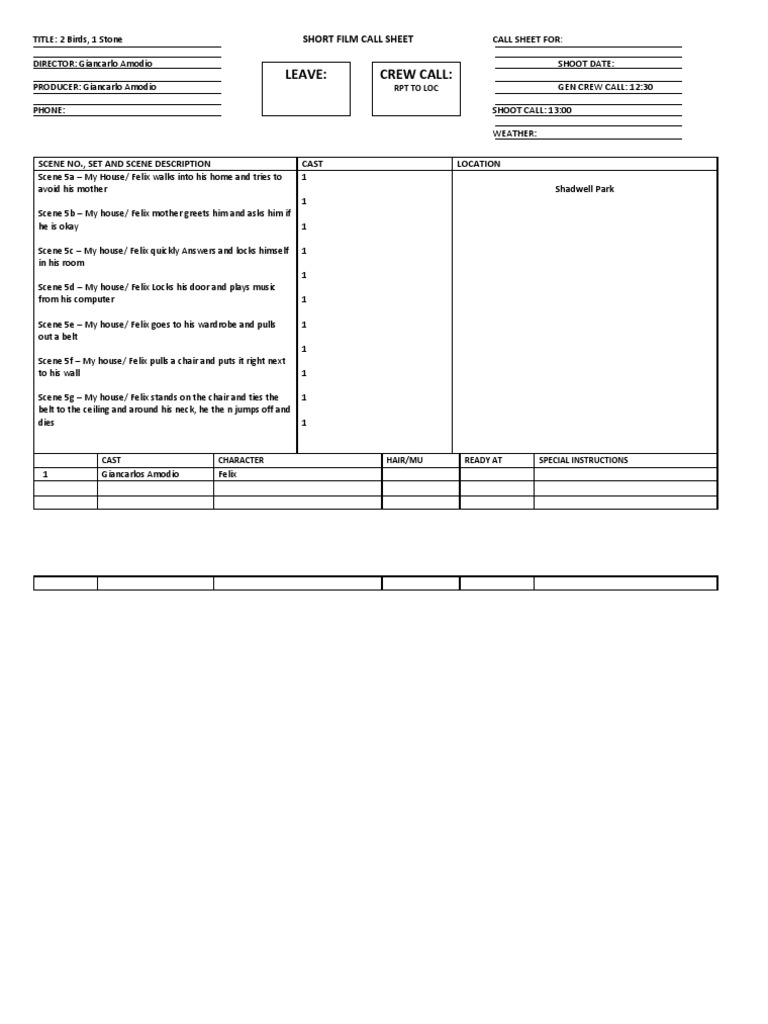 Leave: Crew Call:: Short Film Call Sheet | PDF